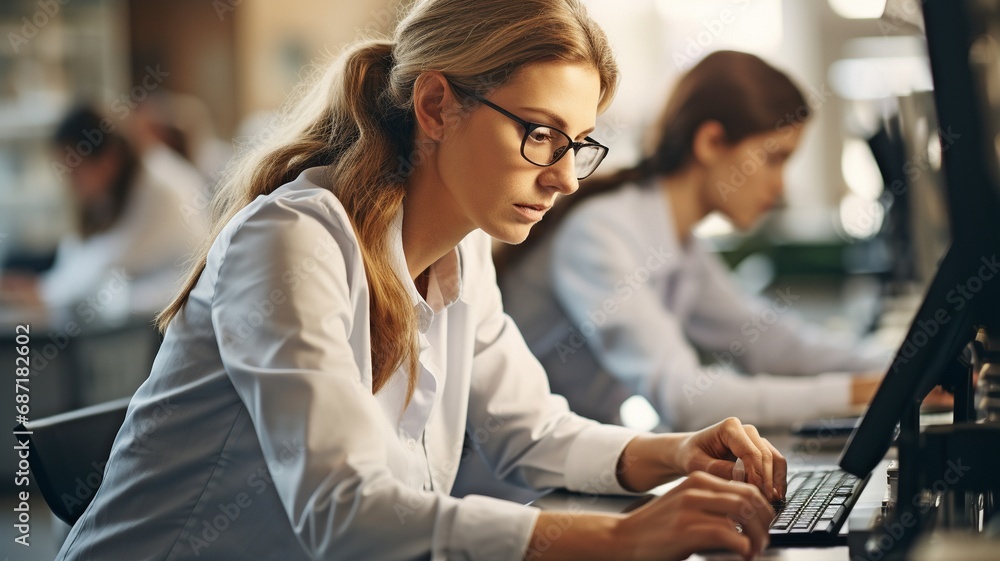 Students and a female college professor are utilising laptops in the ...