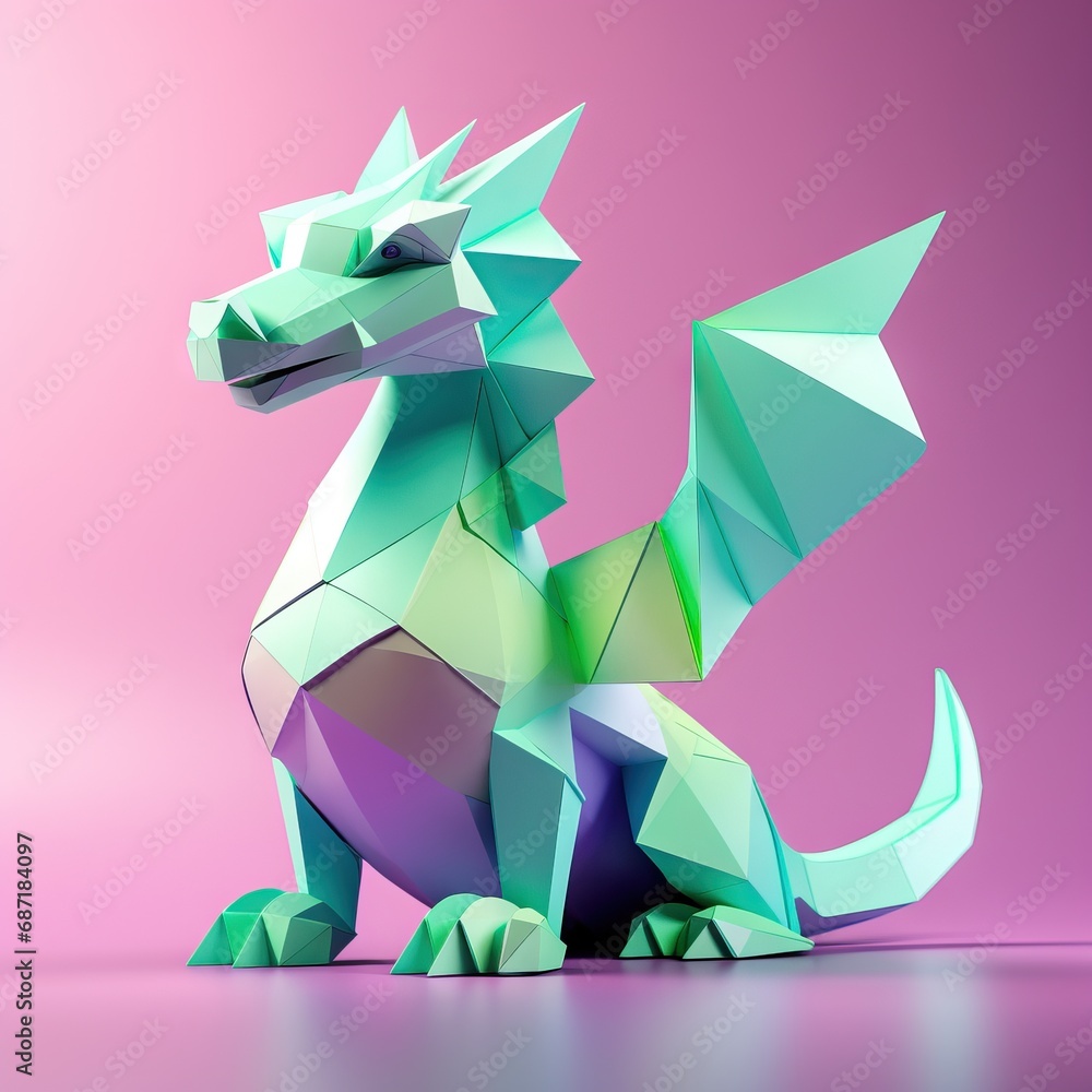 Paper origami green dragon isolated on pink background. Paper craft ...