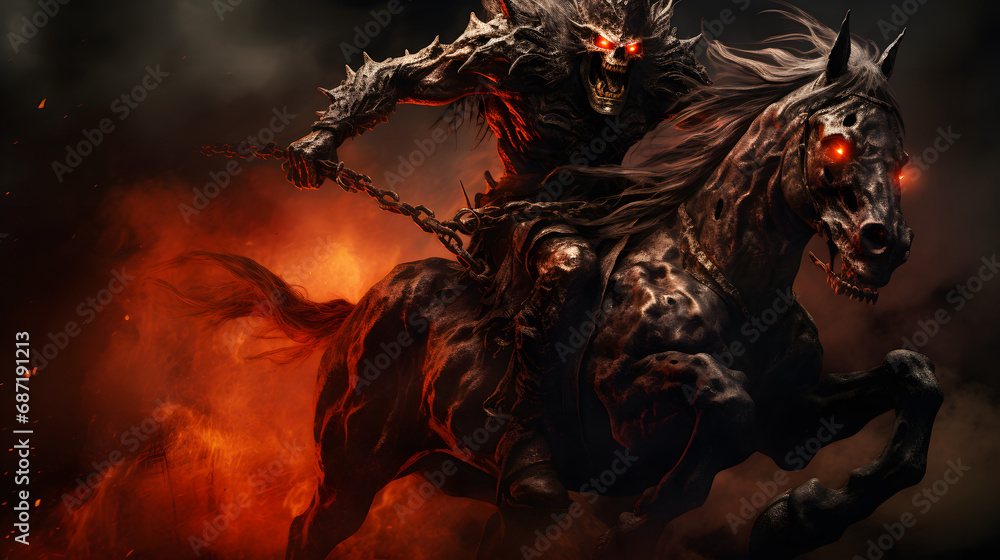 satan riding a horse in hell, horse of hell, hell Stock Photo | Adobe Stock
