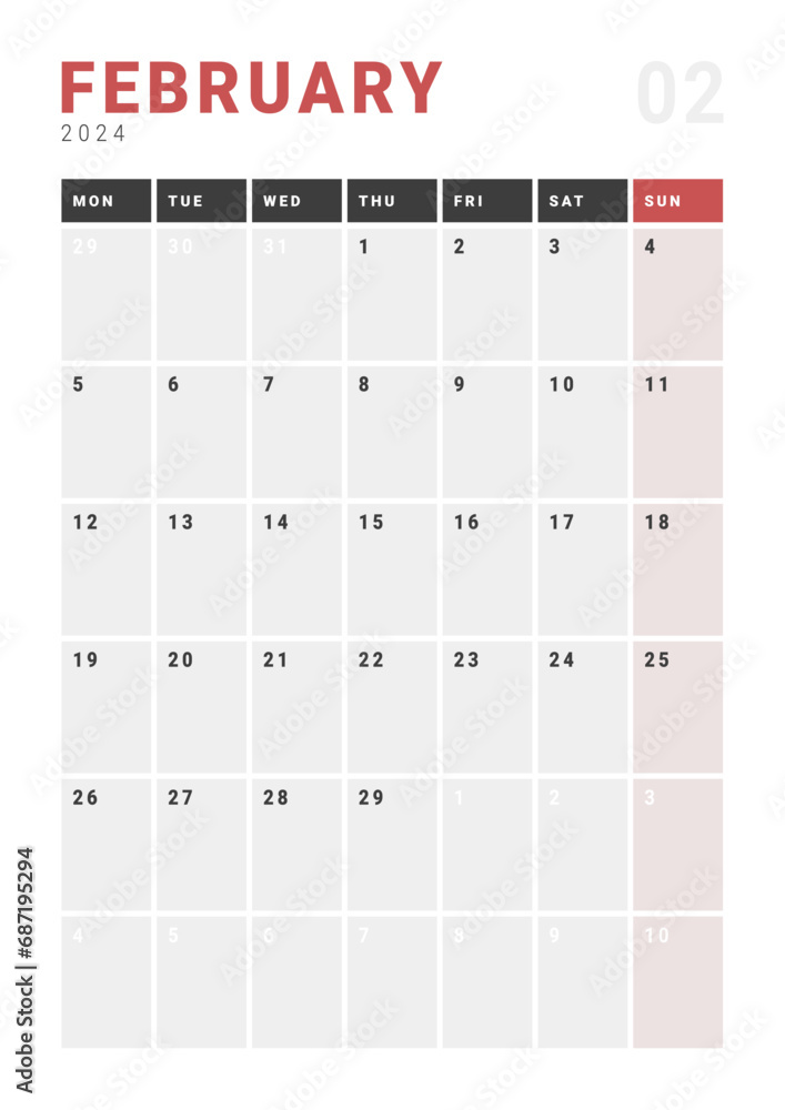 Monthly page Calendar Planner Templates of February 2024. Vector layout ...
