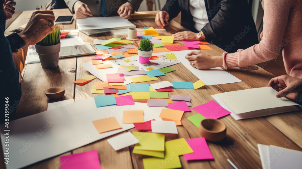Close-up of a busy brainstorming session with multiple hands, colorful ...