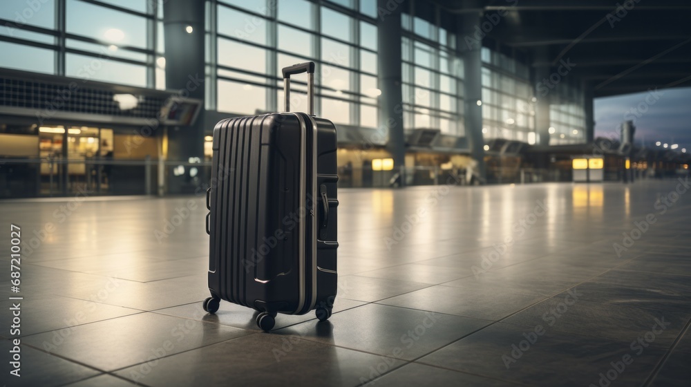 black suitcase in an empty airport hall, traveler cases in the ...
