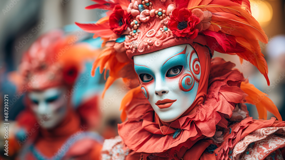 Carnival figure in a red and orange costume with a painted mask ...