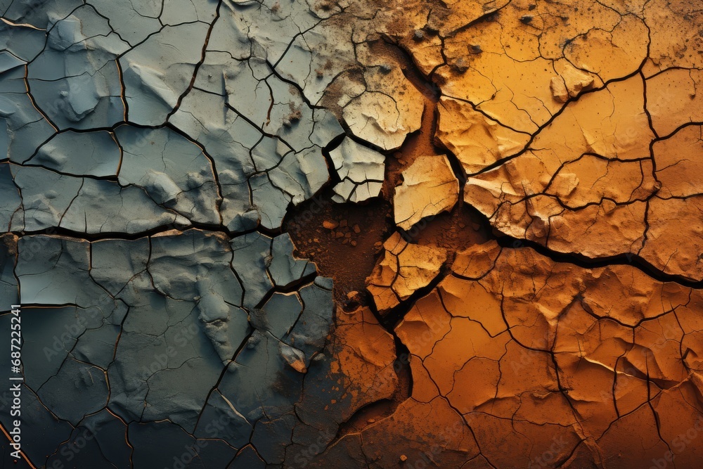 Amidst a parched landscape of orange and blue hues, a cracked earth ...