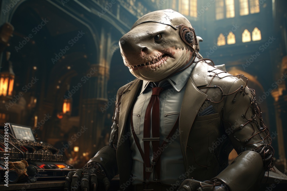 A mysterious fictional character donning a shark head and suit of armor ...