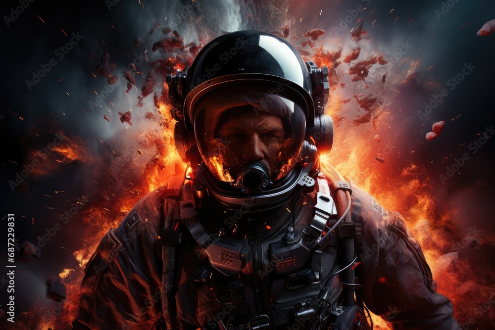 A lone figure in a space suit, helmet reflecting the intensity of a ...