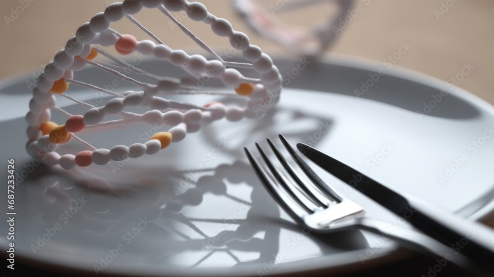 Genetically modified DNA and genes depicted on a plate, fork, and knife ...