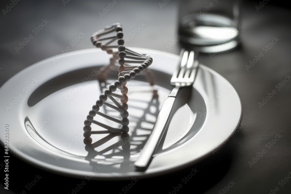 Genetically modified DNA and genes depicted on a plate, fork, and knife ...