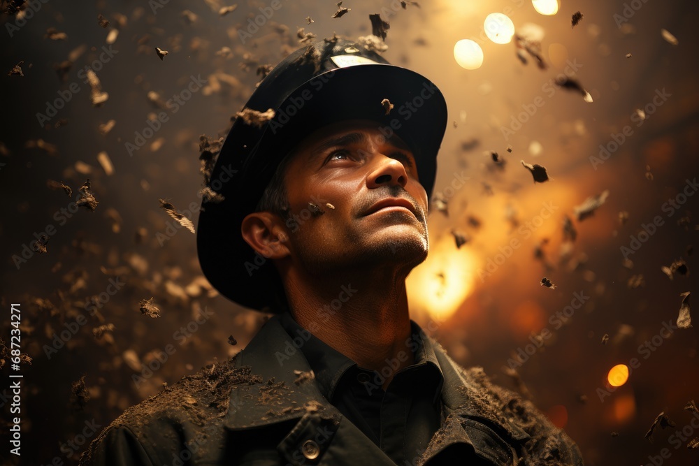 A stoic man in a black hat stares intently at the viewer, his face ...