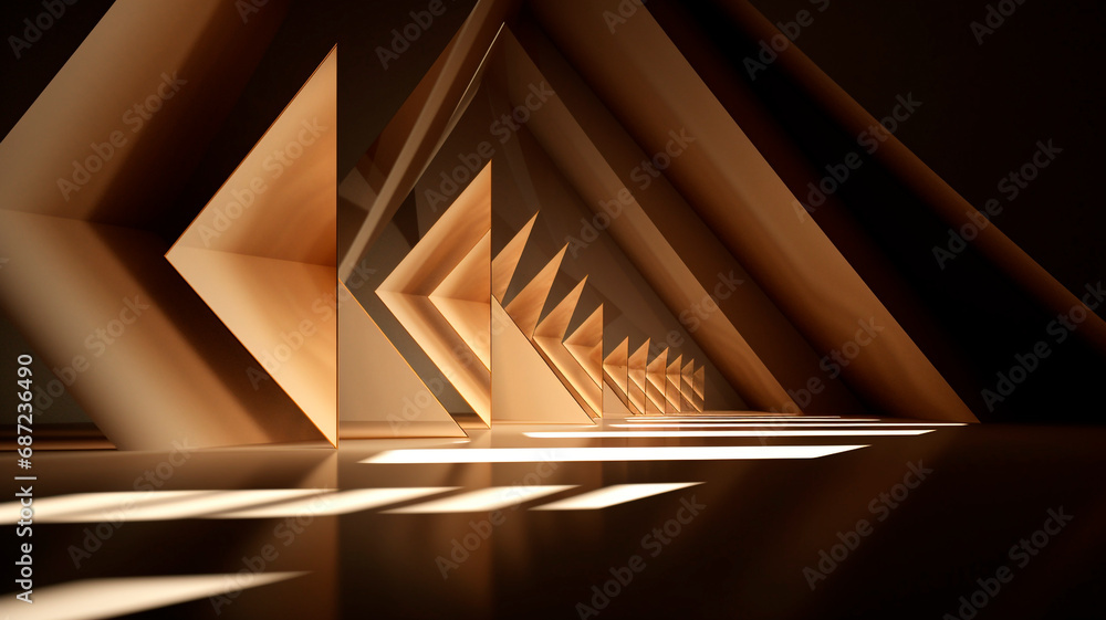 Abstract shapes in an empty room with dimmed light, the refraction of ...