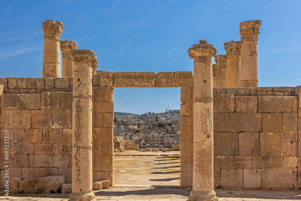 View of the city of Jerash from the historical monuments in the ...