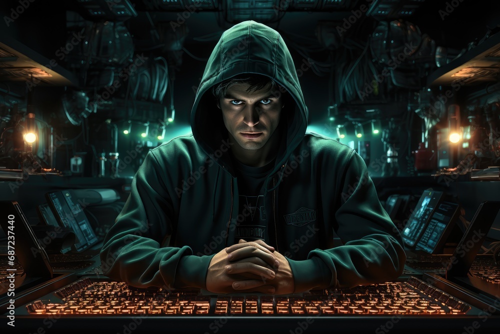 A mysterious figure hunched over a keyboard, their face illuminated by ...