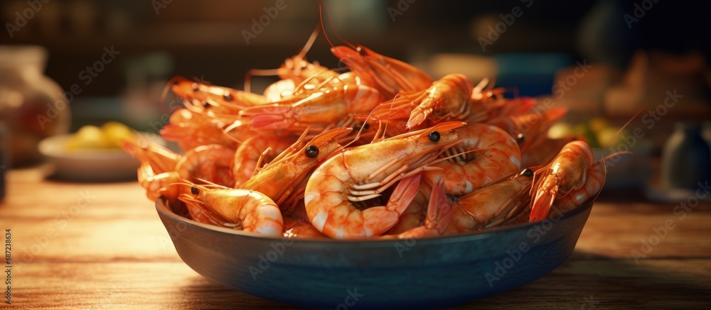 Well arranged bucket of seafood for dining Copy space image Place for ...