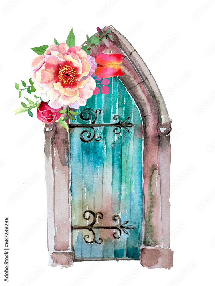 Watercolor hand painted vintage doors with flower bloom isolated on ...