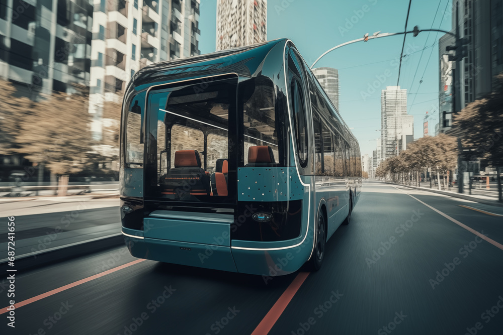 Self driving bus. Autonomous bus driving in city. Future Electric ...