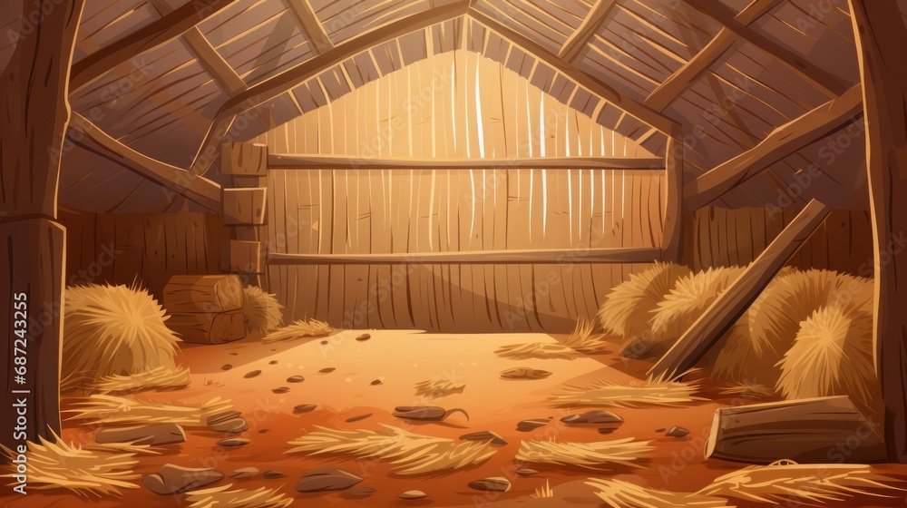 An interior view of a rural wooden barn filled with haystacks ...