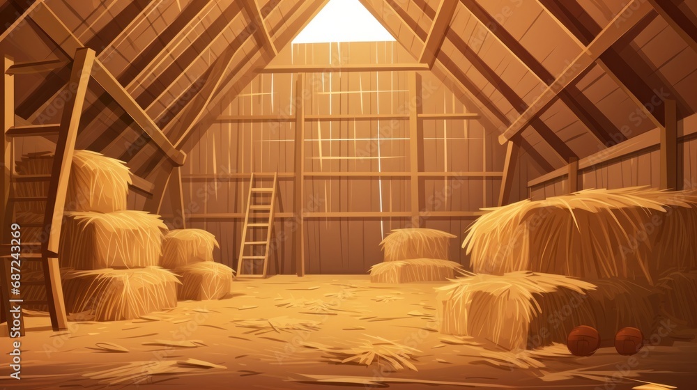 An interior view of a rural wooden barn filled with haystacks ...