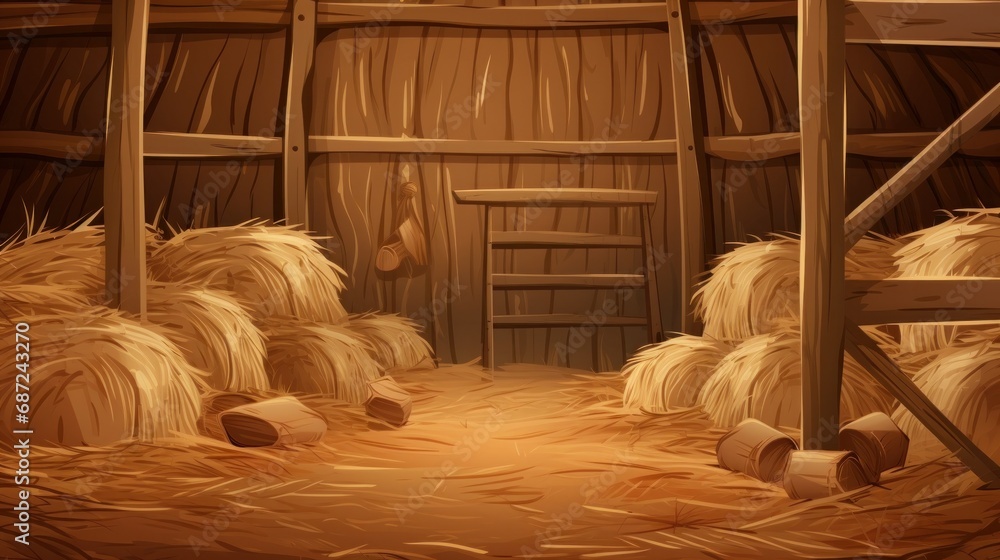 An interior view of a rural wooden barn filled with haystacks ...