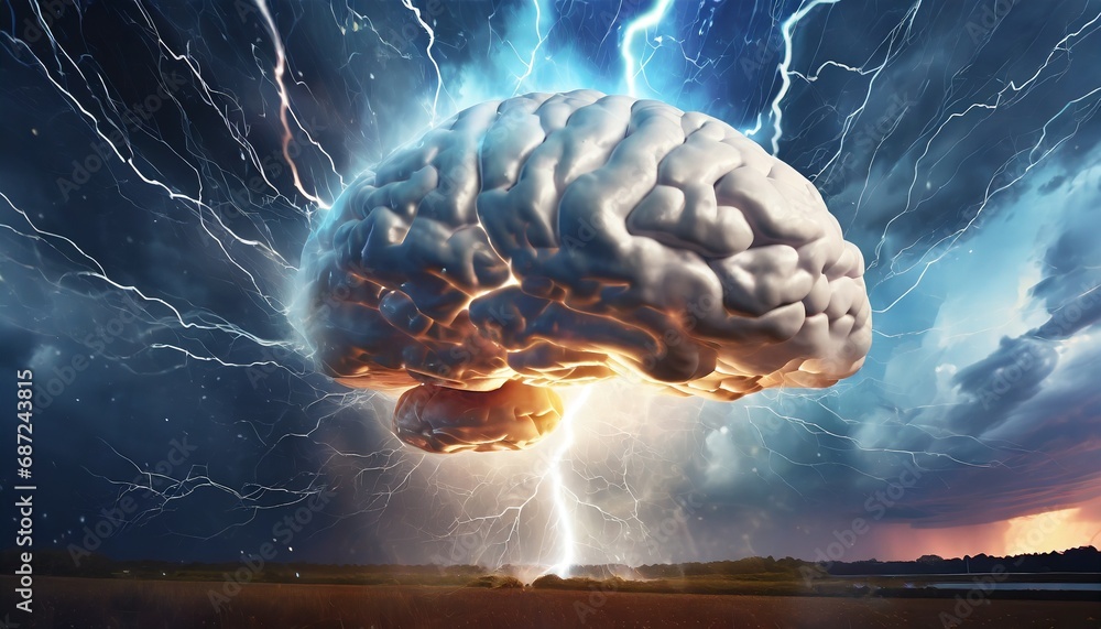 Storm cloud in the shape of a human brain from which lightning bolts ...