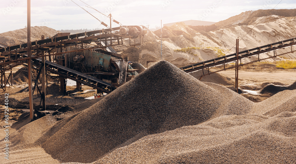 Sand quarry factory banner, Industrial plant with belt conveyor in open ...