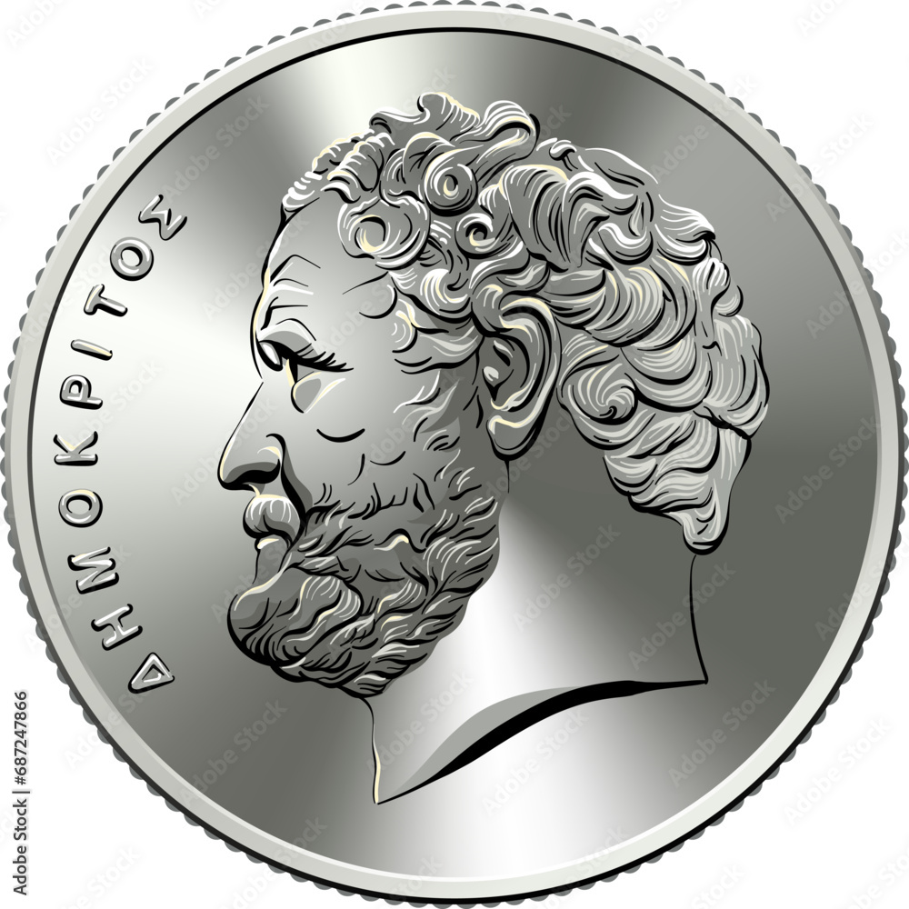 vector obverse of Greek money, 10 drachmas silver coin 1976 Democritus ...