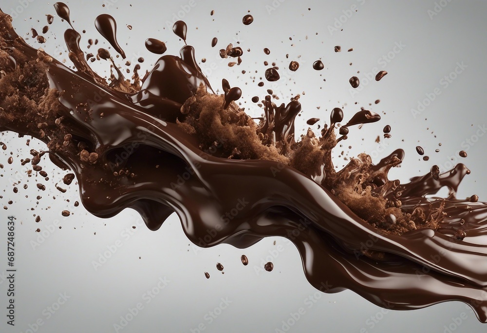 Melting chocolate burst explosion splash in the air Isolated on neutral ...