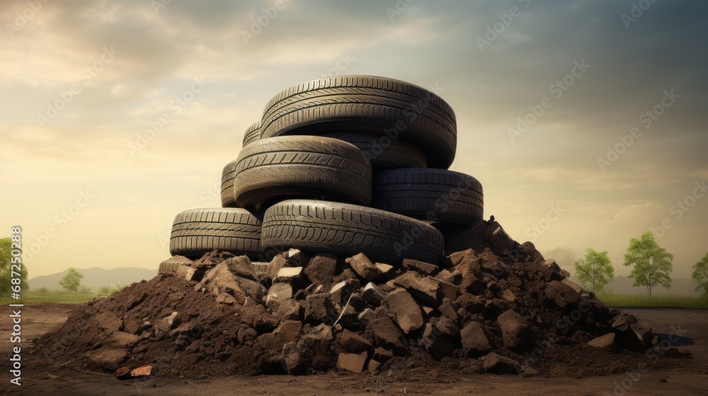 Stack pile of tires on the ground in outdoor background. AI generated ...