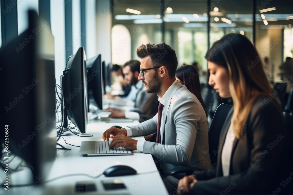 A group of people working diligently on computers in a professional ...