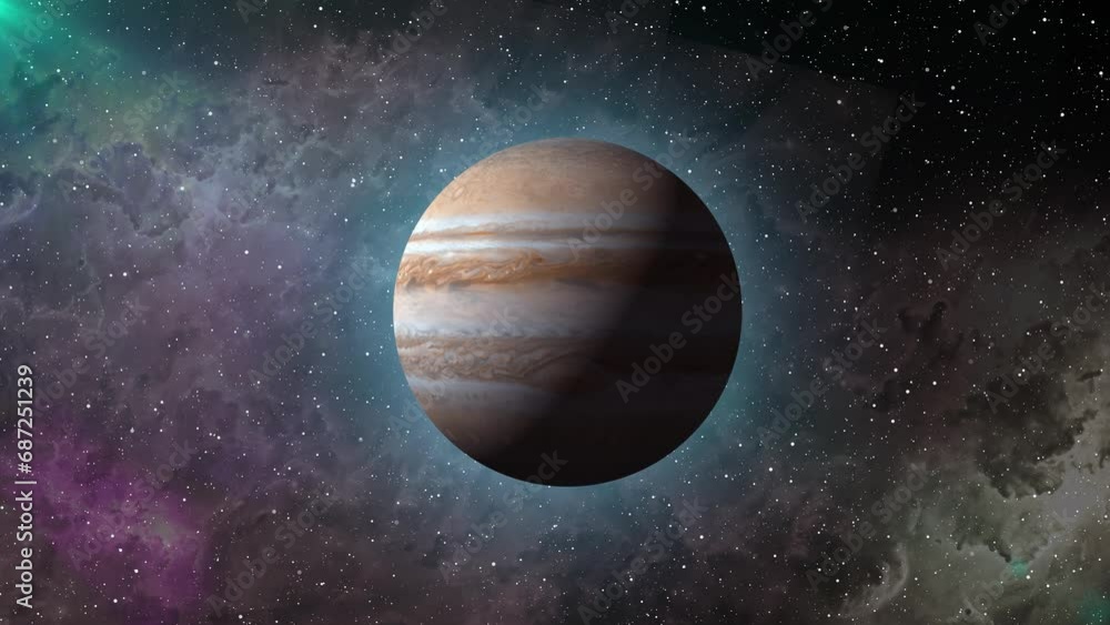 Jupiter Planet Rotating And Glowing Stars Are Flying In Outer Space ...
