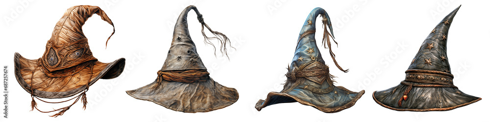 A set of wizard hats turned in different directions are cut out on a ...