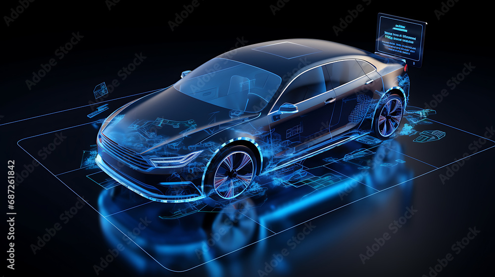 Car design using holographic app in digital tablet. Develop modern ...
