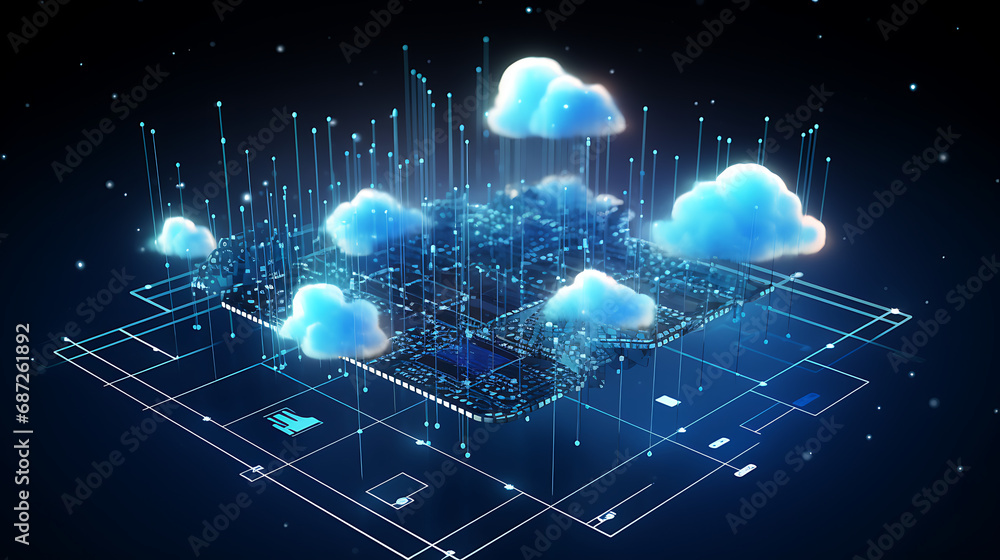 data transfer cloud computing technology concept. There is a large prominent cloud icon in the ...