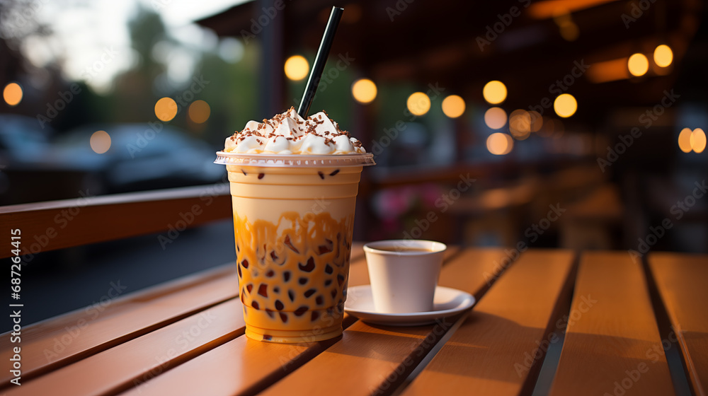 bubble tea shake with ice and straw propped in a room with natural ...