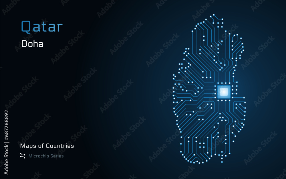 Qatar Glowing Map with a capital of Doha Shown in a Microchip Pattern ...