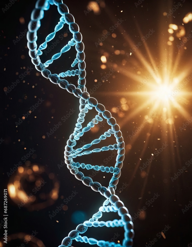 DNA double helix superimposed on a backdrop of deep space. The ...