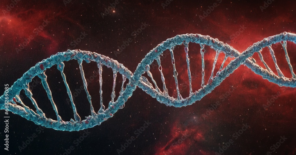 DNA double helix superimposed on a backdrop of deep space. The ...