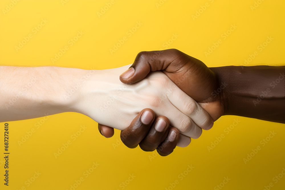Black and white hand in handshake. Handshake between african and a ...