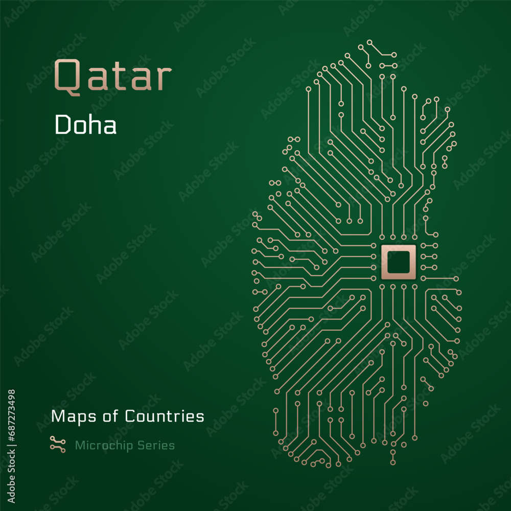 Qatar Map with a capital of Doha Shown in a Microchip Pattern with ...