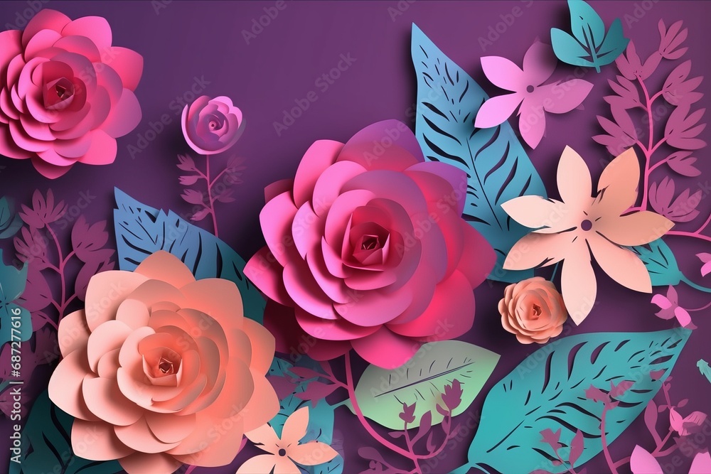 Handcrafted paper cutout with voluminous flowers on a paper, creating a ...