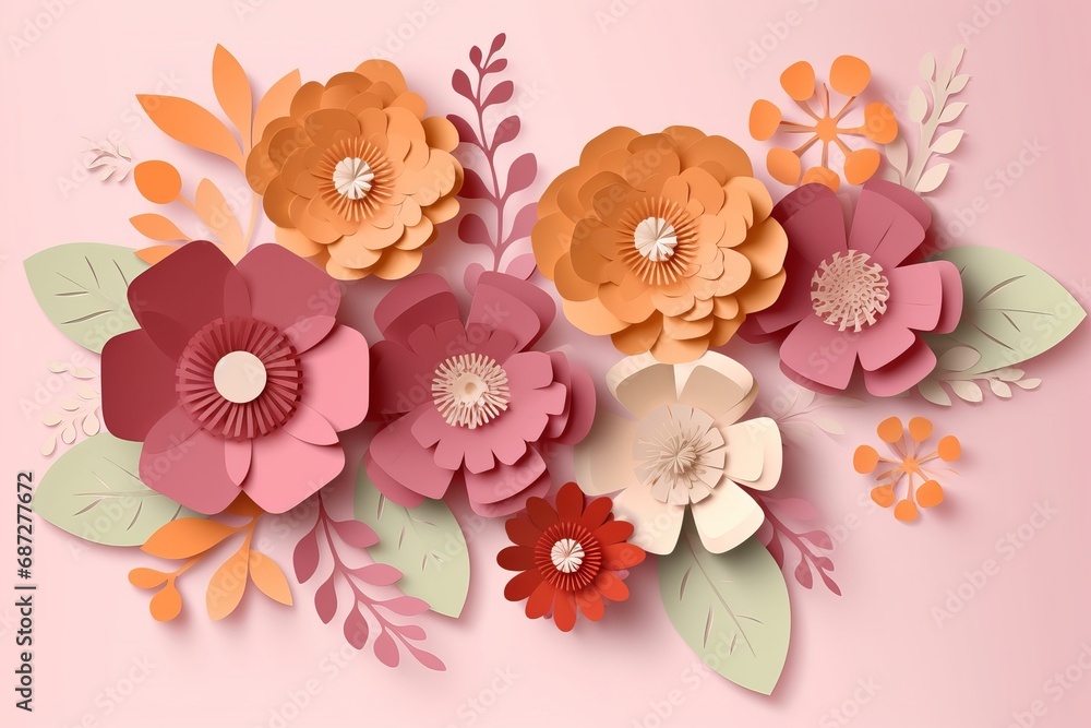 Handcrafted paper cutout with voluminous flowers on a paper, creating a ...