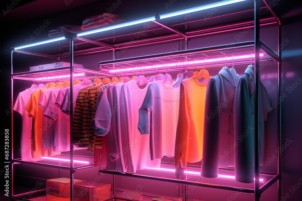 lit up menswear and sportswear rack in cool neon colors on a shelving ...