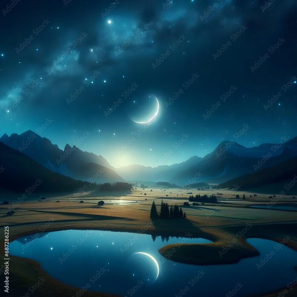 Crescent moon over lake. A crescent moon shines over a still lake ...