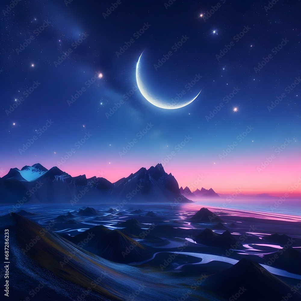 Crescent moon rising over a mountain range.The moon is a symbol of hope ...
