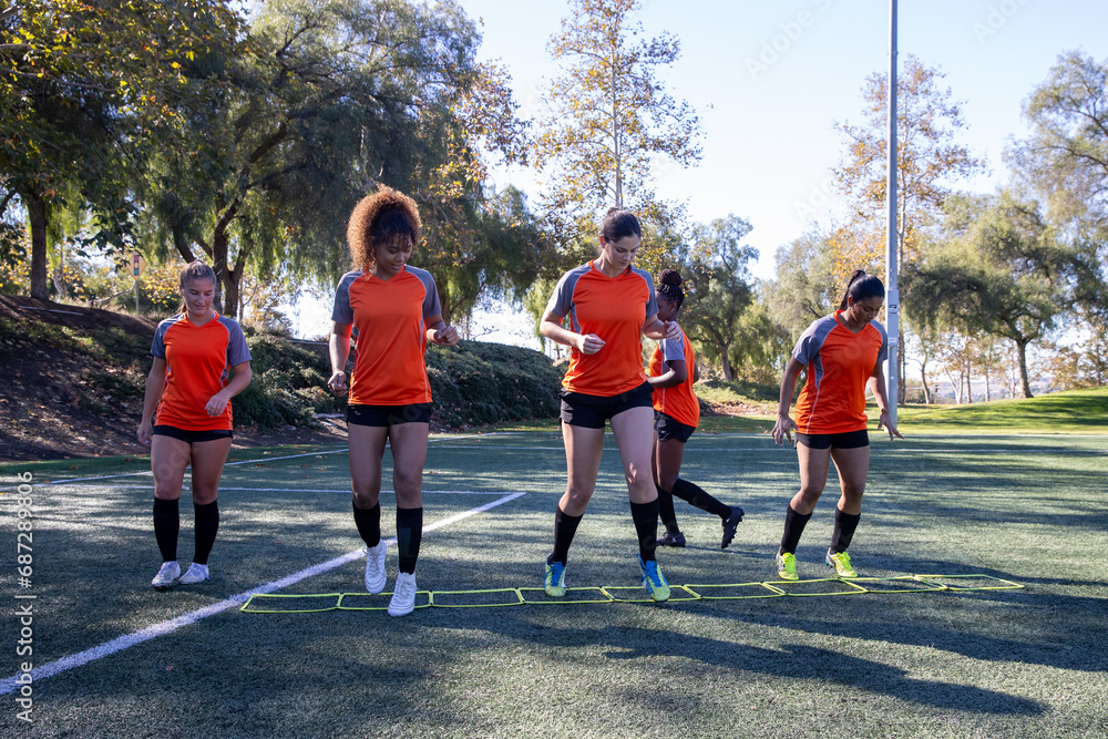 Foto de Group of five female soccer players on a team warming up and ...