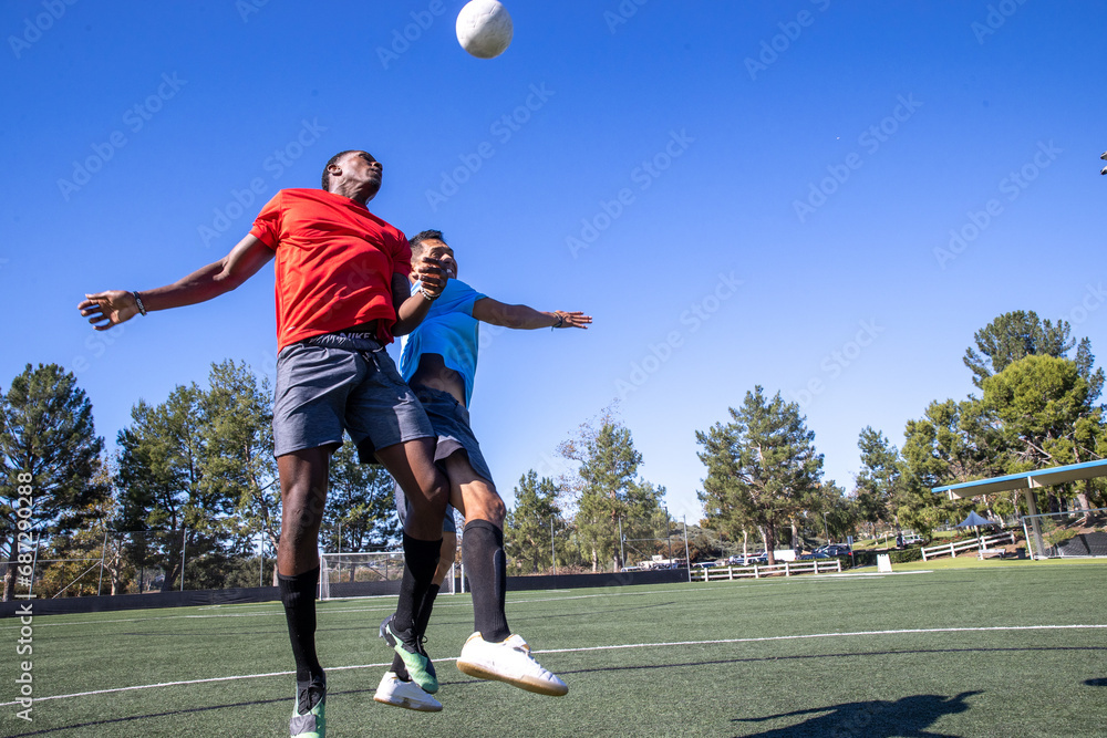 Soccer players work together as a team playing the game together. The ...