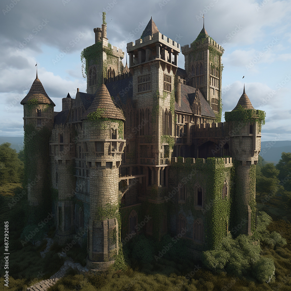 Vintage retro old English castle in the forest, stone walls, towers ...