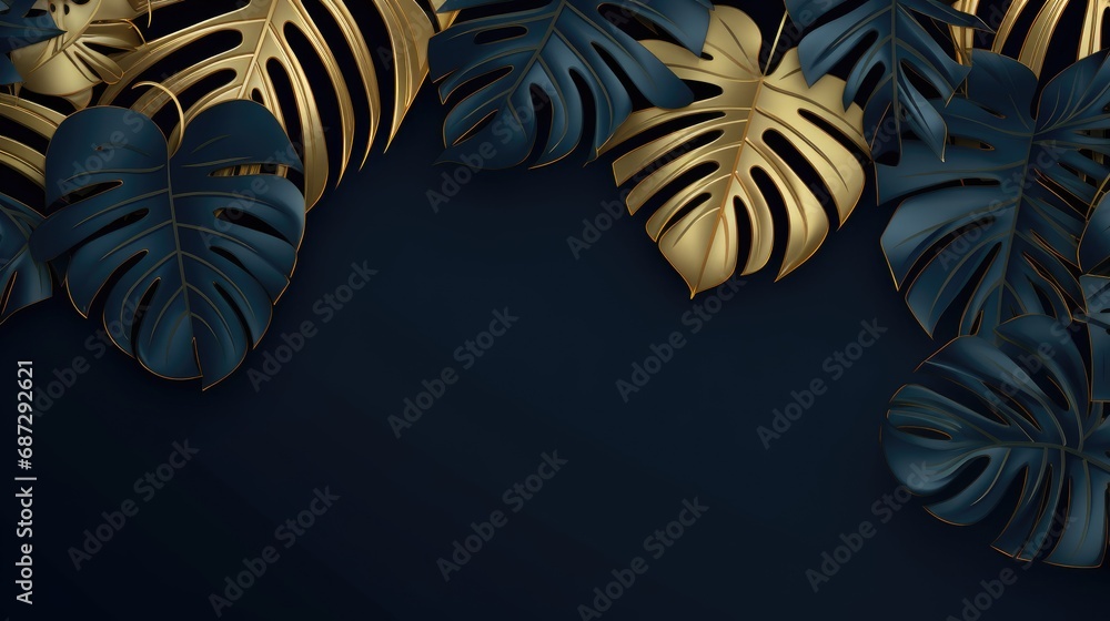 golden tropical monstera leaf border on black navy blue background with ...