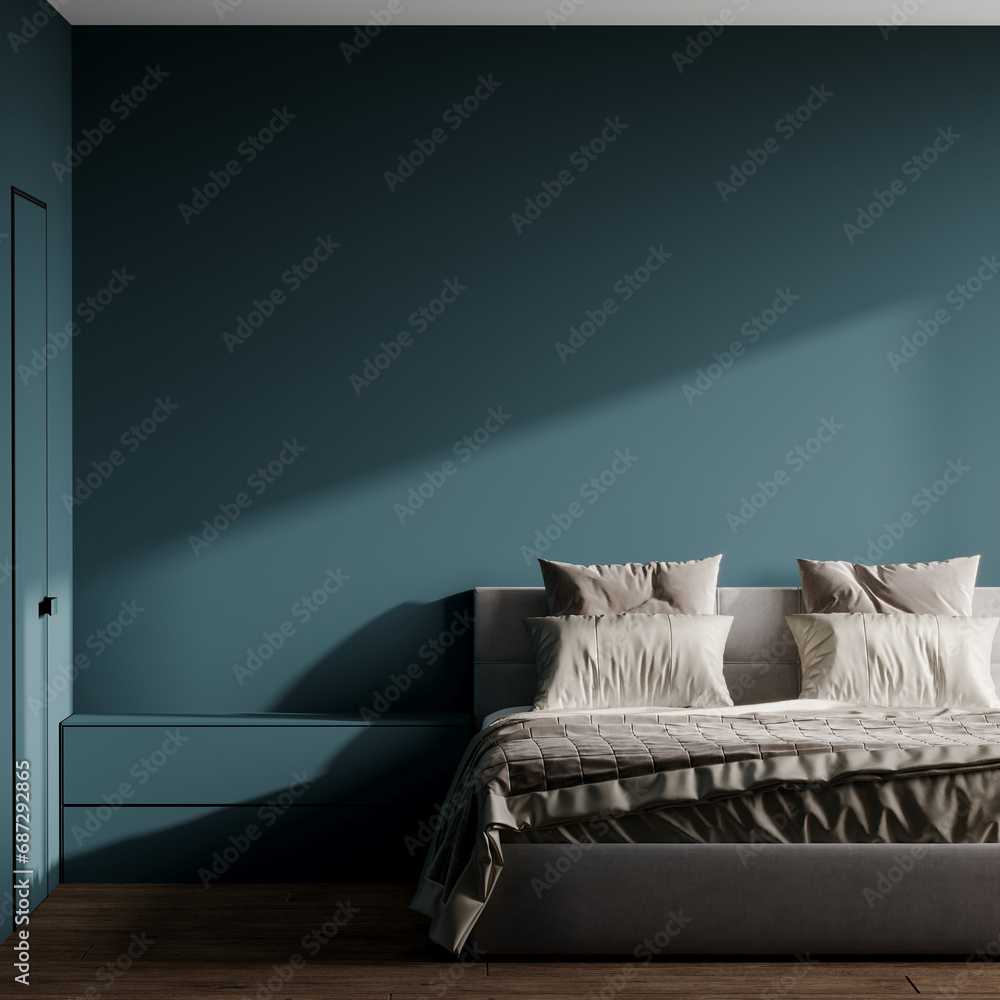 Accent bedroom in dark colors - deep emerald cyan paint and gray bed ...