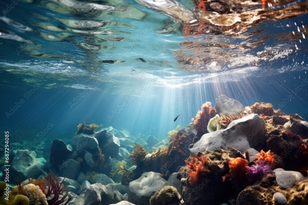 Underwater world, showing beauty, diversity of marine life, sun rays ...
