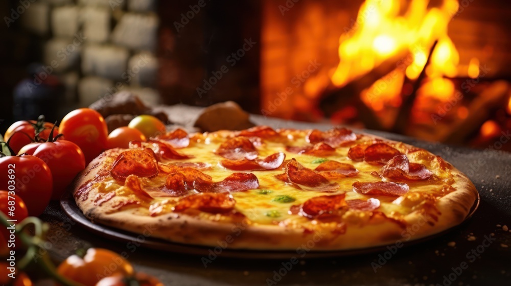 Freshly baked pepperoni pizza with bubbling cheese and vibrant tomatoes ...